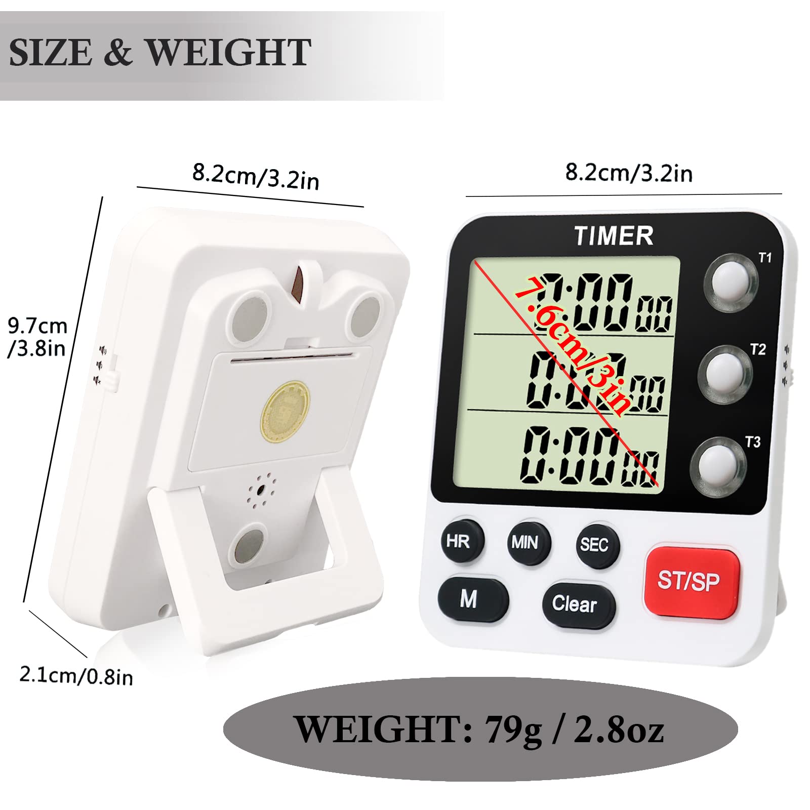 QINFIEY Digital 3 Channels Kitchen Cooking Multiple Timer with Large LCD Count Up Down Stopwatch ON Off Switch Timer for Teaching Reading 3-Level Adjustable Volume with Magnetic Back Battery Included