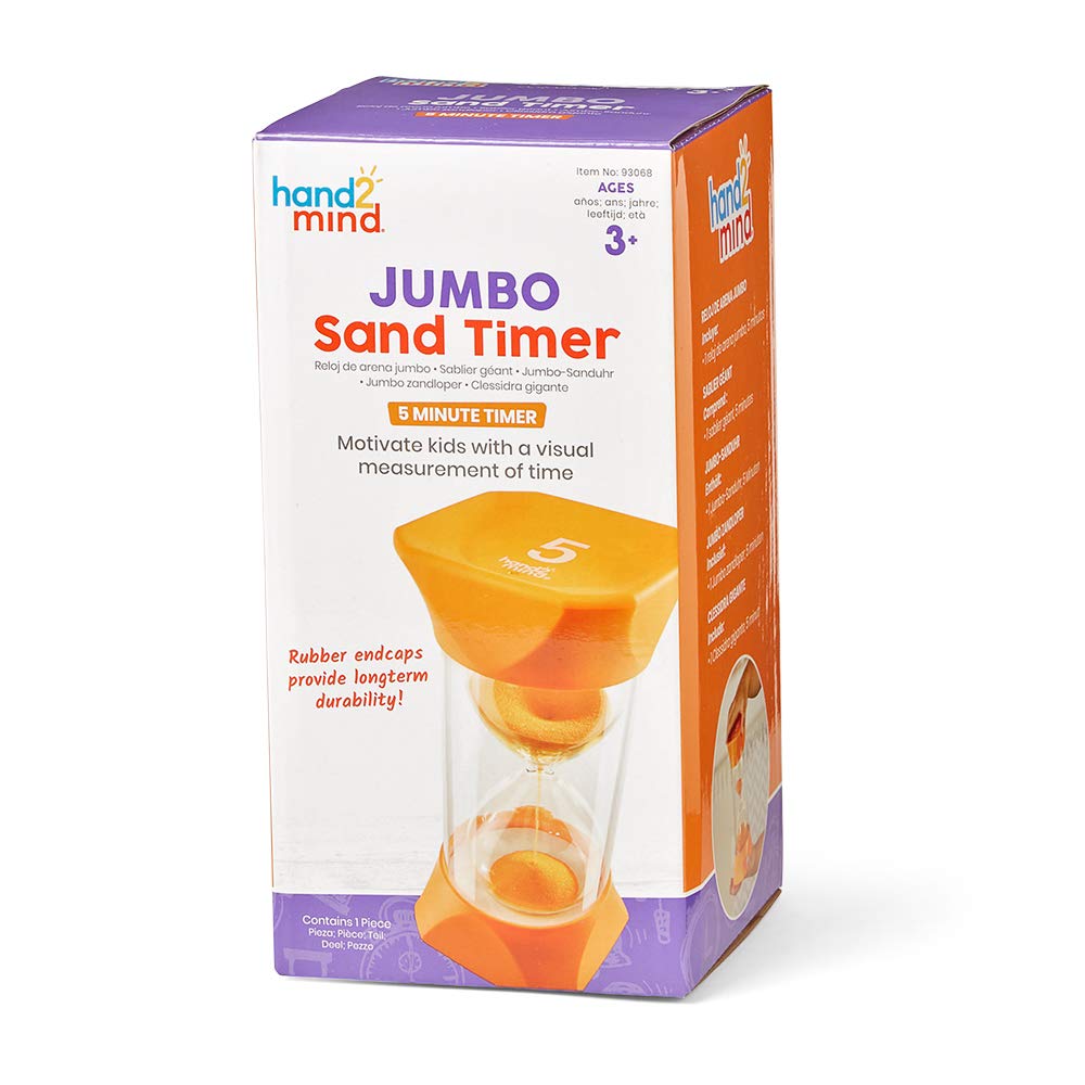 hand2mind Orange Jumbo Sand Timers, 5 Minute Sand Timer, Hourglass Sand Timer with Soft Rubber End Caps Offers Quiet Pausing, Classroom Sand Timers for Kids, Teeth Brushing and Game Timer (Set of 1)