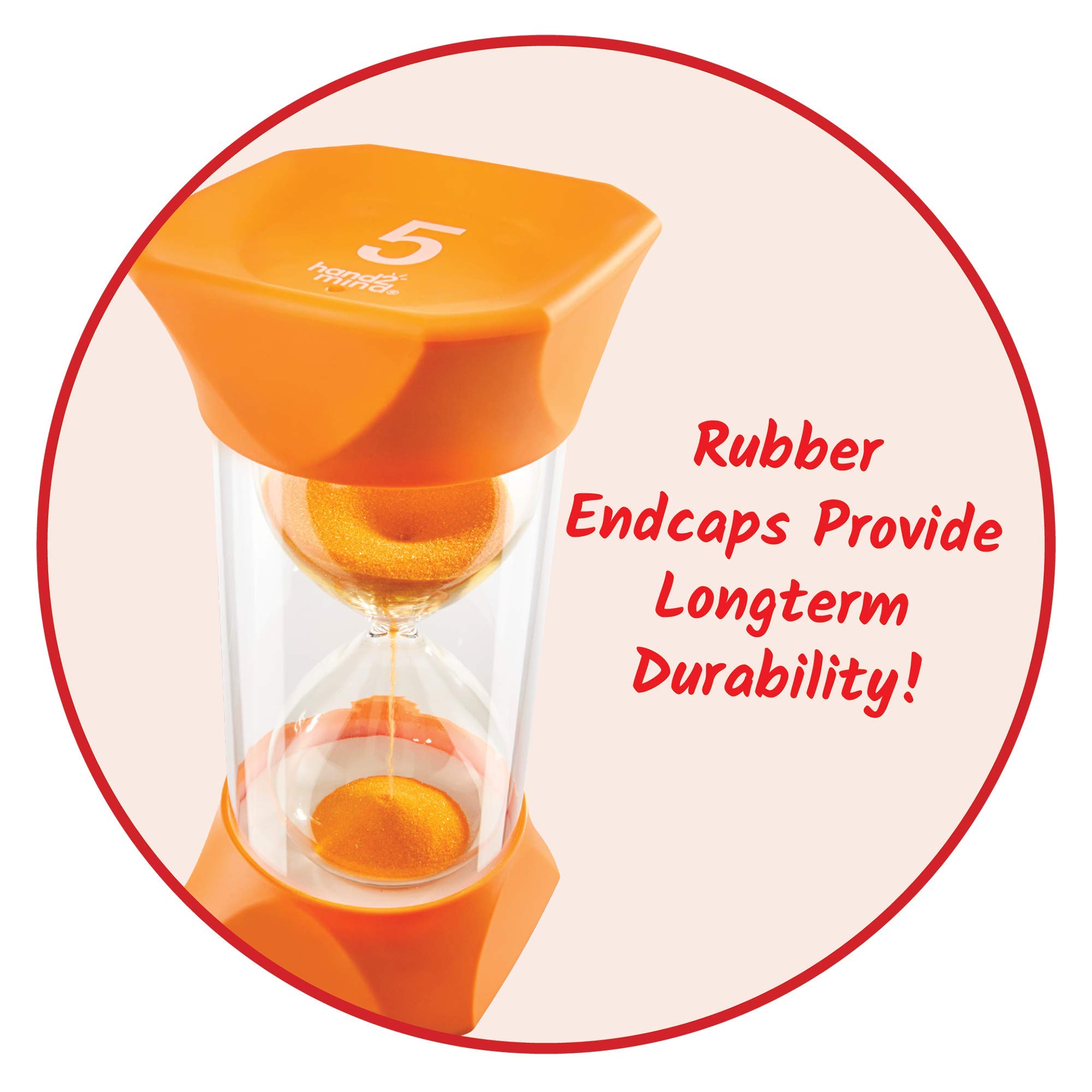 hand2mind Orange Jumbo Sand Timers, 5 Minute Sand Timer, Hourglass Sand Timer with Soft Rubber End Caps Offers Quiet Pausing, Classroom Sand Timers for Kids, Teeth Brushing and Game Timer (Set of 1)