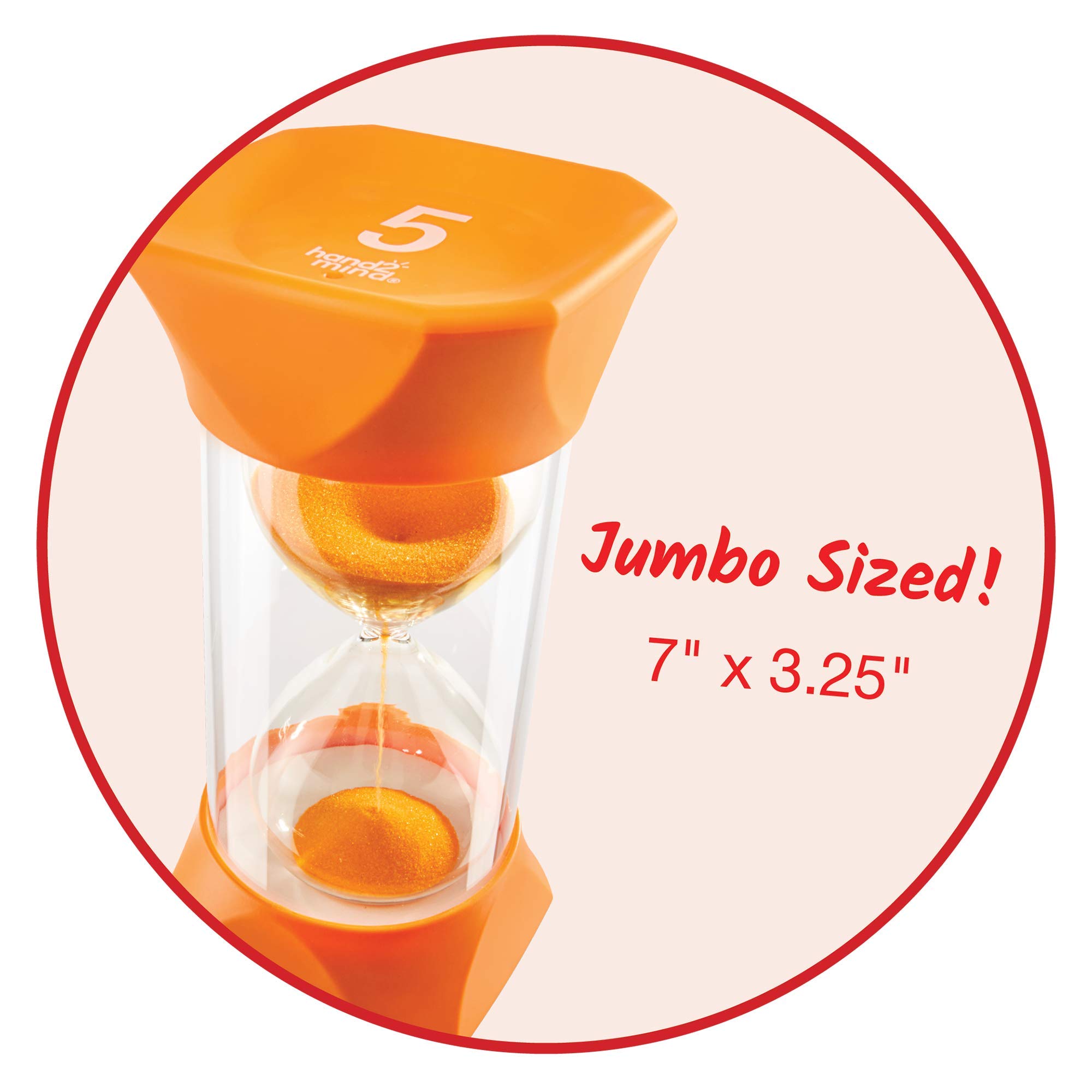 hand2mind Orange Jumbo Sand Timers, 5 Minute Sand Timer, Hourglass Sand Timer with Soft Rubber End Caps Offers Quiet Pausing, Classroom Sand Timers for Kids, Teeth Brushing and Game Timer (Set of 1)