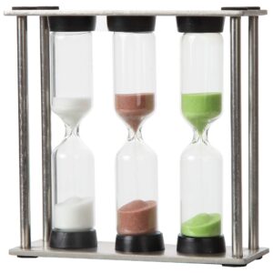 Lily's Home 3-in-1 Perfect Tea Timer, Includes 3, 4, and 5 Minute Sand Hourglass Timers, Use for Making Tea or Keeping Time Around The Kitchen, Brushed Stainless Steel Frame (3.75" Tall)