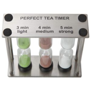 Lily's Home 3-in-1 Perfect Tea Timer, Includes 3, 4, and 5 Minute Sand Hourglass Timers, Use for Making Tea or Keeping Time Around The Kitchen, Brushed Stainless Steel Frame (3.75" Tall)