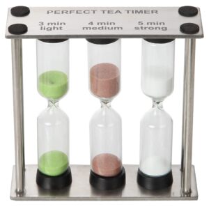 Lily's Home 3-in-1 Perfect Tea Timer, Includes 3, 4, and 5 Minute Sand Hourglass Timers, Use for Making Tea or Keeping Time Around The Kitchen, Brushed Stainless Steel Frame (3.75" Tall)