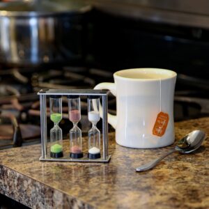 Lily's Home 3-in-1 Perfect Tea Timer, Includes 3, 4, and 5 Minute Sand Hourglass Timers, Use for Making Tea or Keeping Time Around The Kitchen, Brushed Stainless Steel Frame (3.75" Tall)