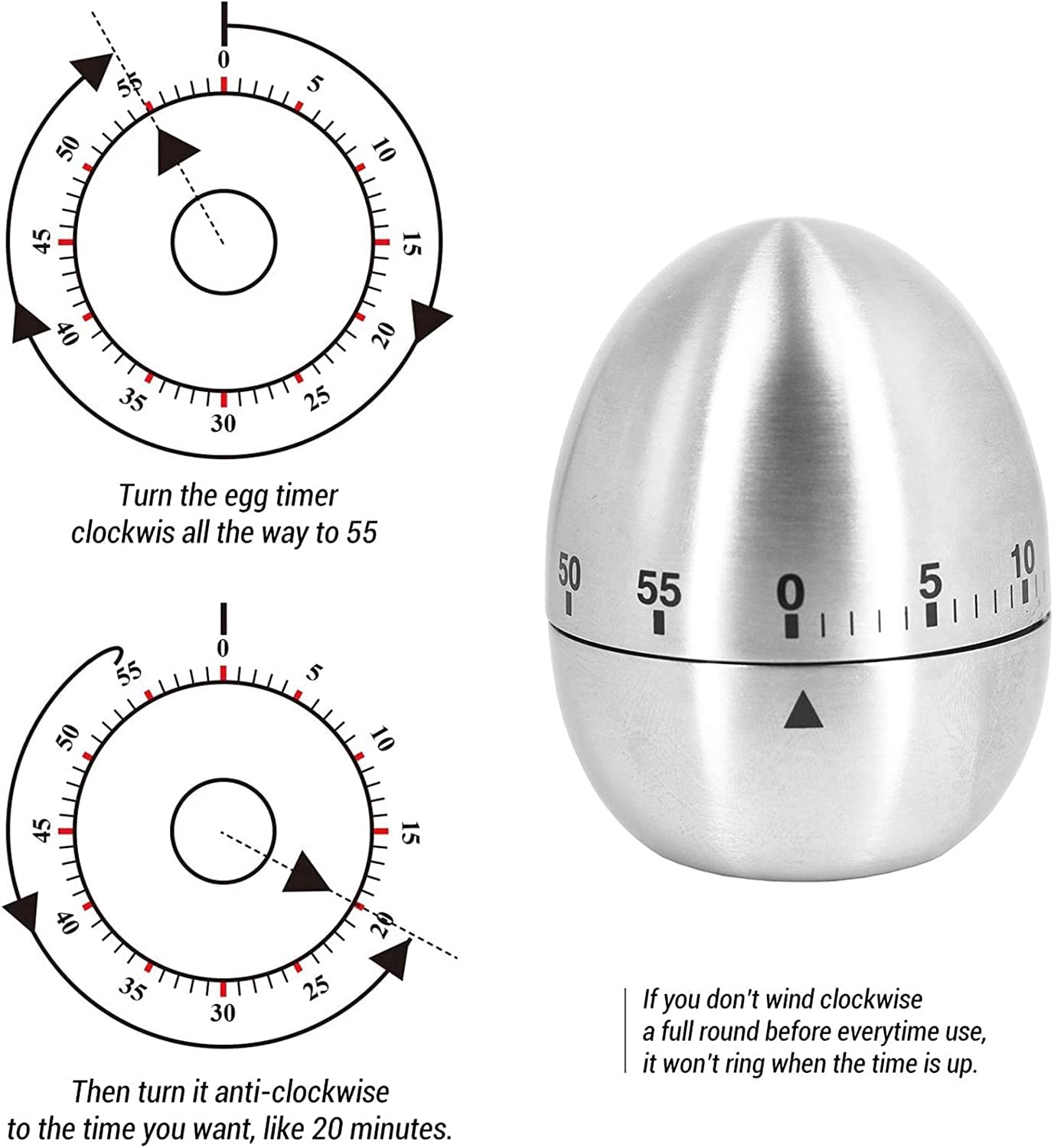 Egg Kitchen Timer Stainless Steel Metal Mechanical Cooking Timer 60 Minute Silver for Kids Cooking Tools