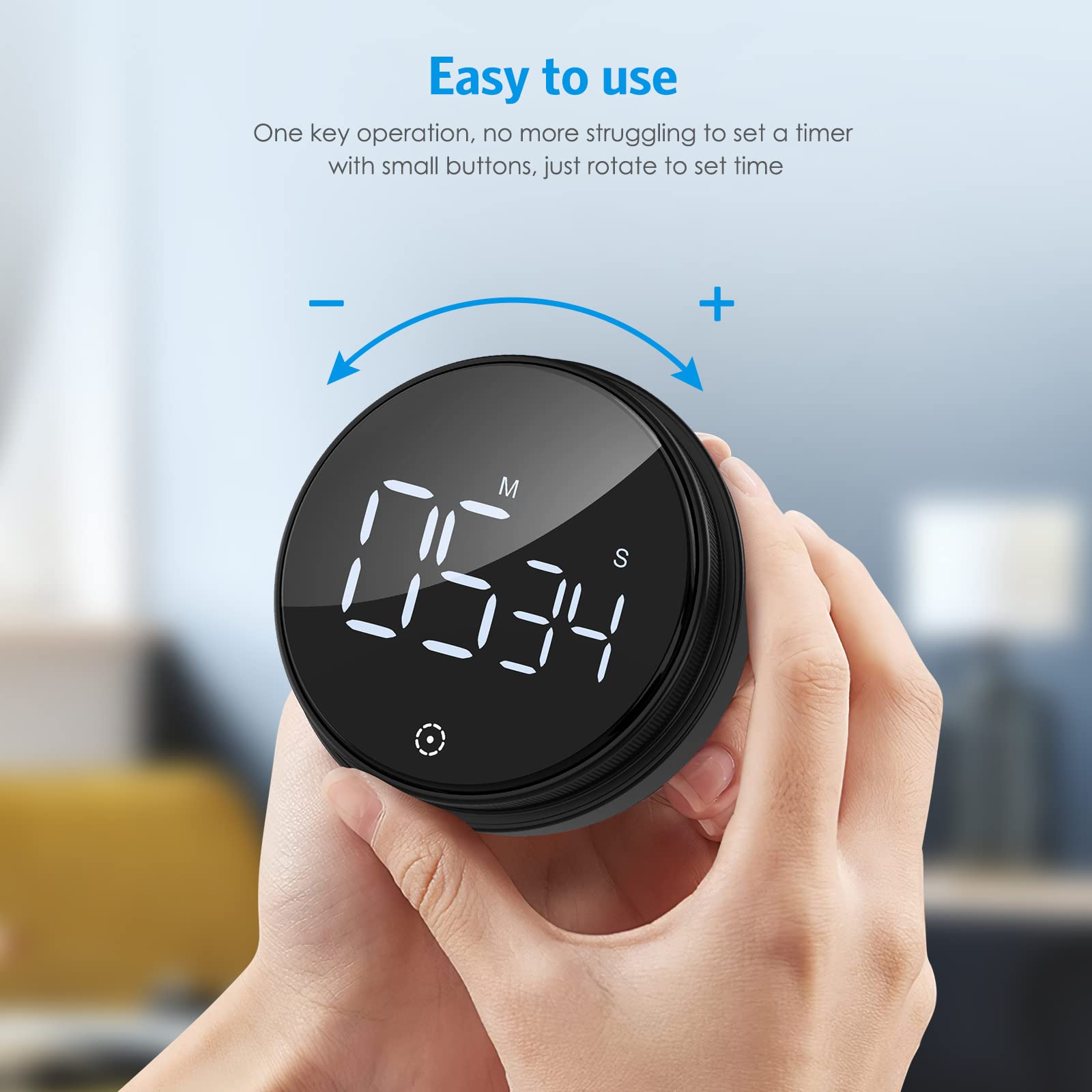 AMIR Digital Kitchen Timer, Timer for Kids, Digital Timer Battery Powered with Large LED Display, Adjustable Volume, Magnetic Timer for Cooking, Studying, Office, Black (Battery not Included)