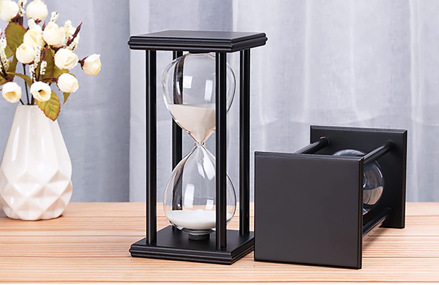 Hourglass 60 Minutes 8 inch Sand timers Tanmalan (White Sand,Black Frame,60±6Minutes,8x4x4inch)