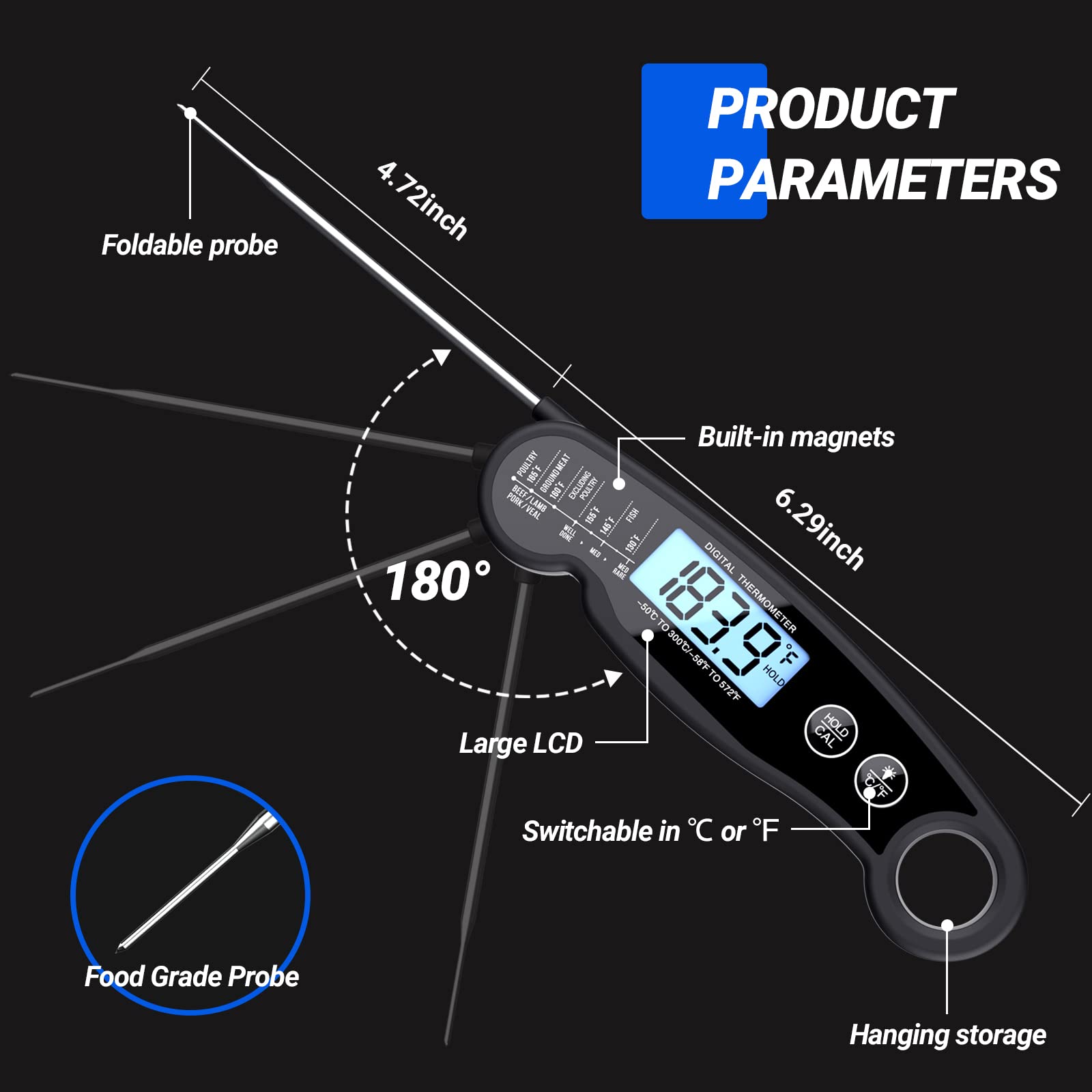 MANVINS Digital Meat Thermometer, Waterproof Instant Read Food Thermometer for Cooking and Grilling, Kitchen Gadgets with Backlight & Calibration for Candy, BBQ Grill, Liquids, Beef, Turkey