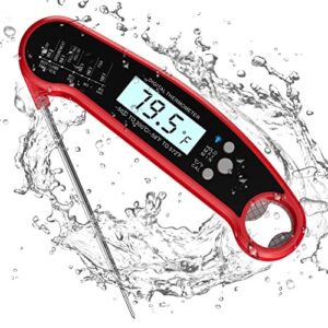 digital meat thermometer with probe, instant read food thermometer for grilling bbq, kitchen cooking, baking, liquids, candy & air fryer - ip67 waterproof, backlight & calibration - red/black