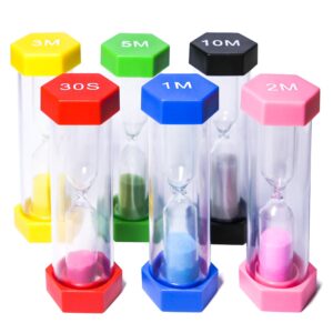 PROLOSO 6 Pcs Colorful Sand Timers Set Platic Sandglass Hourglass Sand Clock Timer 30sec/ 1min/ 2mins/ 3 Minutes/ 5 Minute/ 10mins for Kids Games Classroom Home Office Kitchen