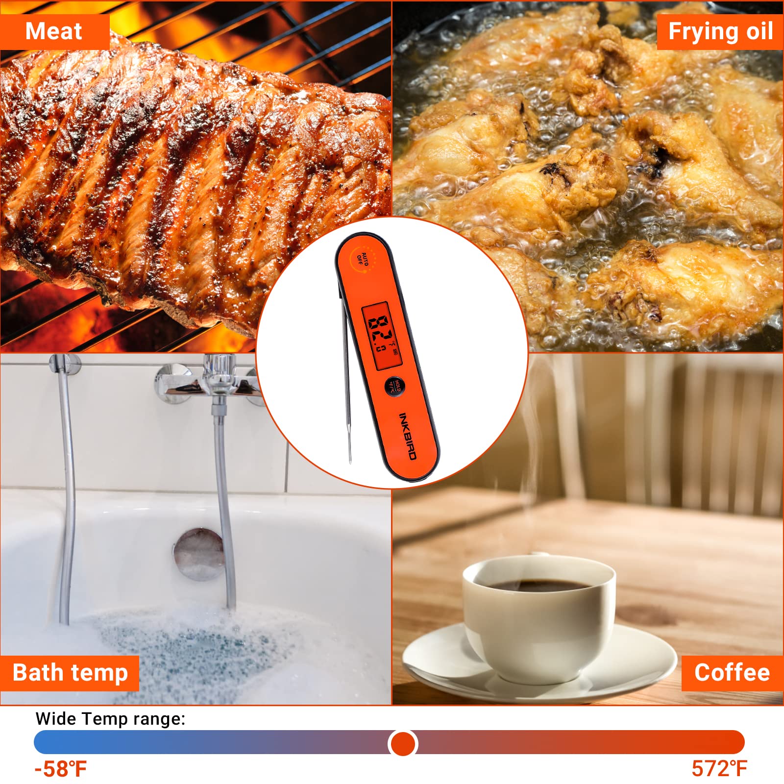 Inkbird Waterproof Instant Read Rechargeable Digital BBQ Meat Cooking Grill Thermometer with Calibration,Magnet,Foldable Probe,C/F Switch for Deep Fry,Kitchen,Oven,Candy, Baking,Brewing