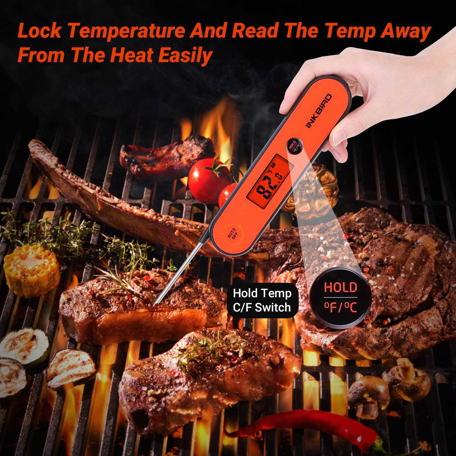 Inkbird Waterproof Instant Read Rechargeable Digital BBQ Meat Cooking Grill Thermometer with Calibration,Magnet,Foldable Probe,C/F Switch for Deep Fry,Kitchen,Oven,Candy, Baking,Brewing