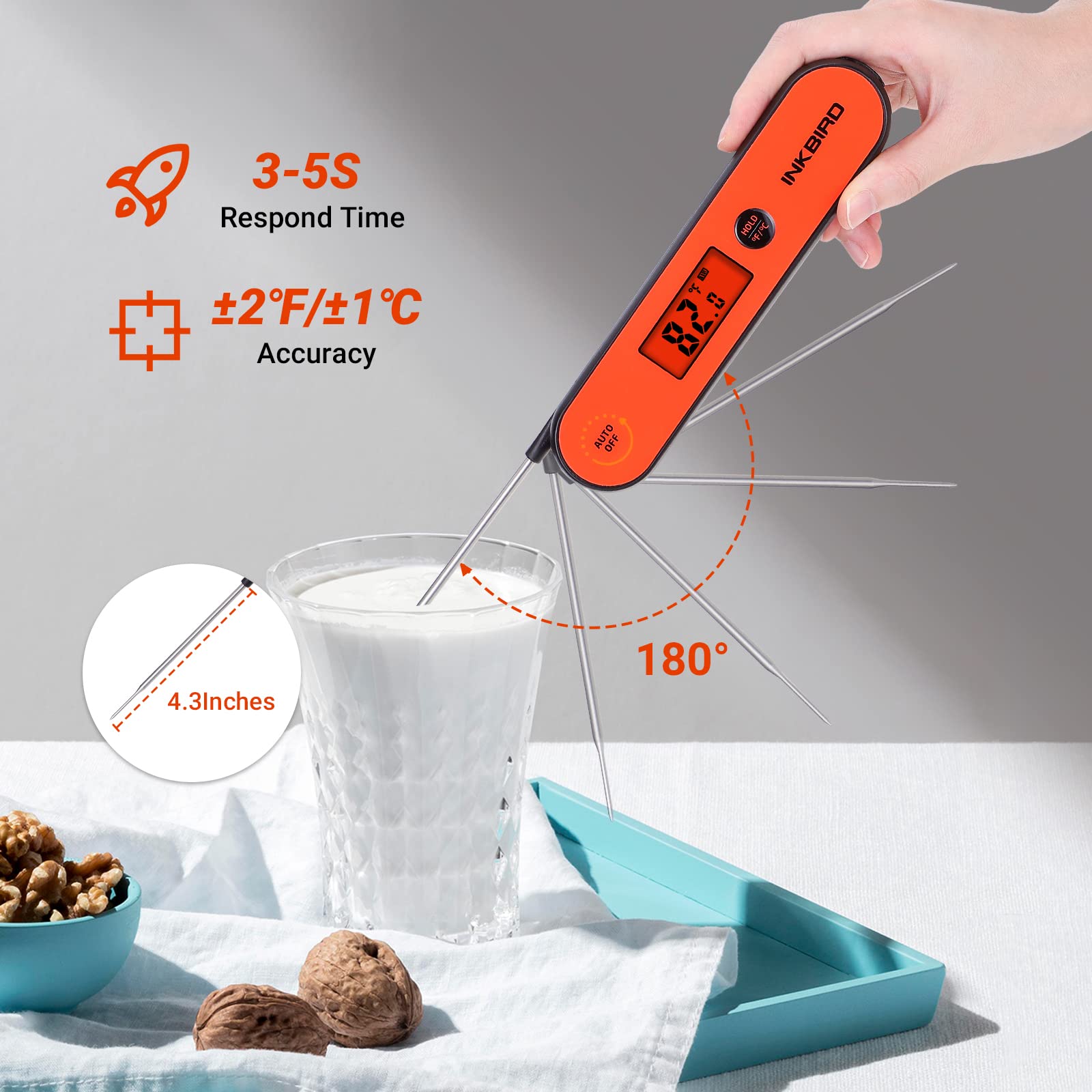 Inkbird Waterproof Instant Read Rechargeable Digital BBQ Meat Cooking Grill Thermometer with Calibration,Magnet,Foldable Probe,C/F Switch for Deep Fry,Kitchen,Oven,Candy, Baking,Brewing