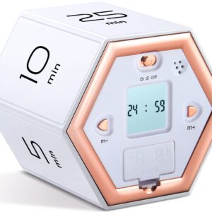 YATOISUR Hexagon Flip Timer with Mute & Alarm Function- Kitchen Timer Easy to Use - Time Management Pomodoro Timer for Kids - Magnetic Cube Timer for Classroom Cooking Studying Working- White