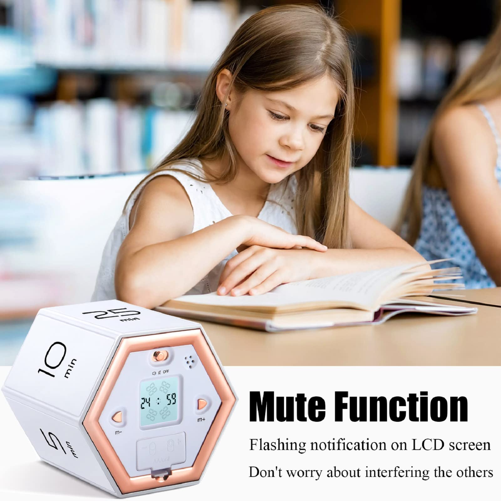 YATOISUR Hexagon Flip Timer with Mute & Alarm Function- Kitchen Timer Easy to Use - Time Management Pomodoro Timer for Kids - Magnetic Cube Timer for Classroom Cooking Studying Working- White