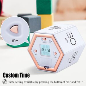 YATOISUR Hexagon Flip Timer with Mute & Alarm Function- Kitchen Timer Easy to Use - Time Management Pomodoro Timer for Kids - Magnetic Cube Timer for Classroom Cooking Studying Working- White