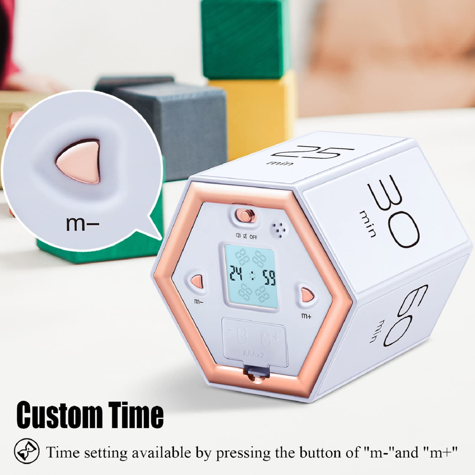 YATOISUR Hexagon Flip Timer with Mute & Alarm Function- Kitchen Timer Easy to Use - Time Management Pomodoro Timer for Kids - Magnetic Cube Timer for Classroom Cooking Studying Working- White