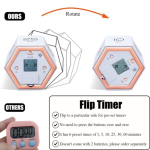 YATOISUR Hexagon Flip Timer with Mute & Alarm Function- Kitchen Timer Easy to Use - Time Management Pomodoro Timer for Kids - Magnetic Cube Timer for Classroom Cooking Studying Working- White