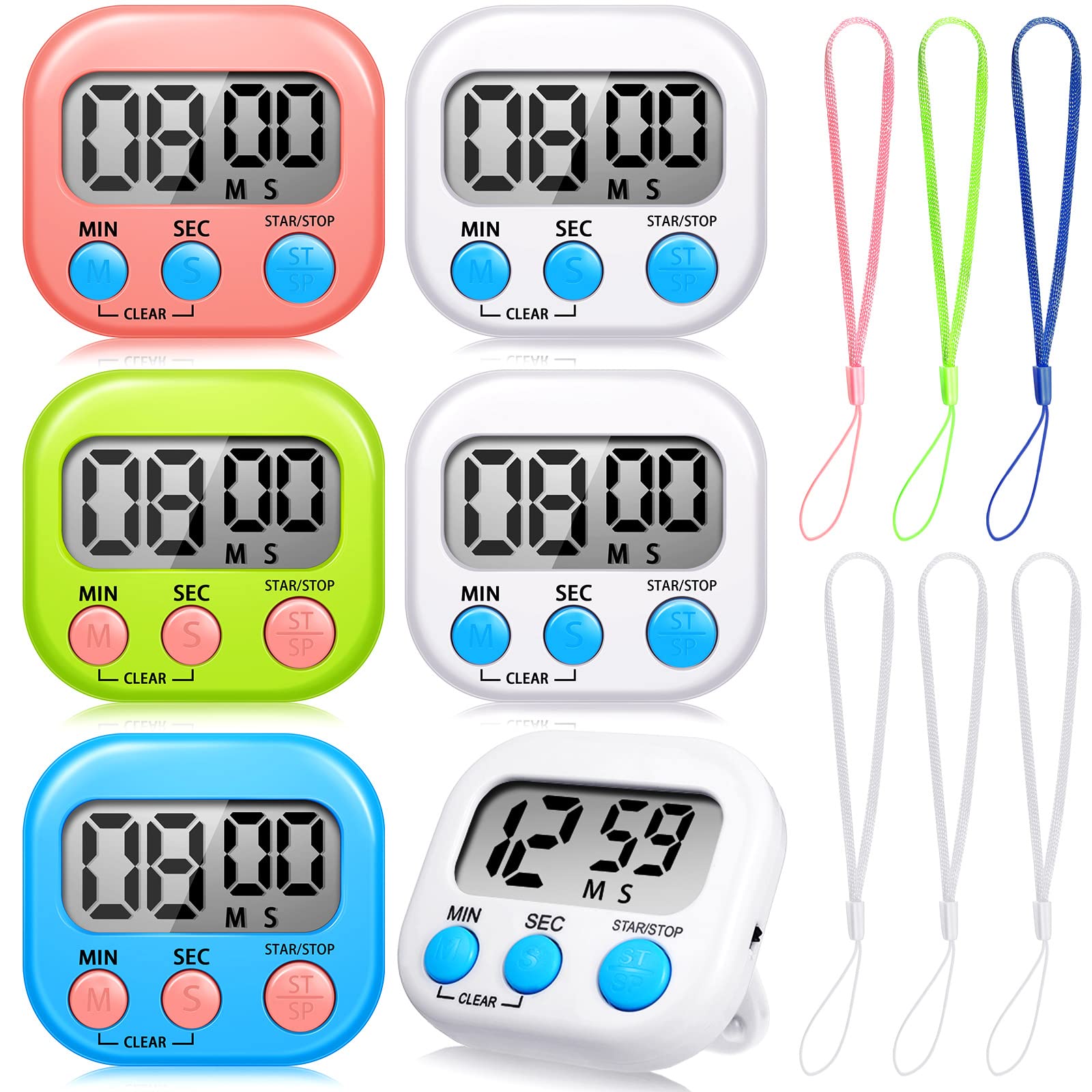 6 Pack Small Digital Kitchen Timer Classroom Timers for Kids, Kitchen Timer for Cooking with 6 Pieces Lanyard Magnetic Back and ON/Off Switch Second Minute Count Up Countdown, Multicolored