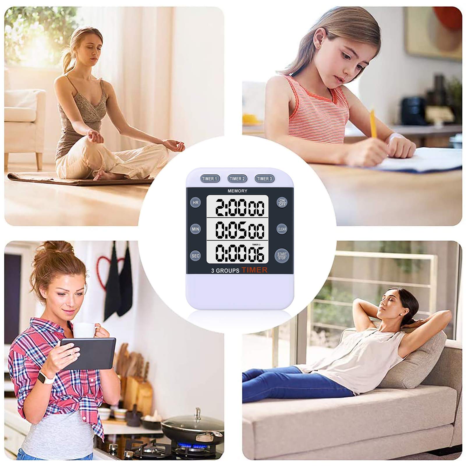 HomeMall Digital Dual Kitchen Timer, Cooking Timer, 3 Channels Count Up ＆ Down Timer with Magnetic Back, Large Display, Adjustable Volume, ON/Off Switch Stopwatch, Battery Included