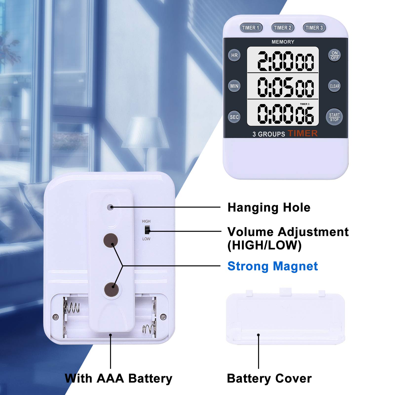 HomeMall Digital Dual Kitchen Timer, Cooking Timer, 3 Channels Count Up ＆ Down Timer with Magnetic Back, Large Display, Adjustable Volume, ON/Off Switch Stopwatch, Battery Included