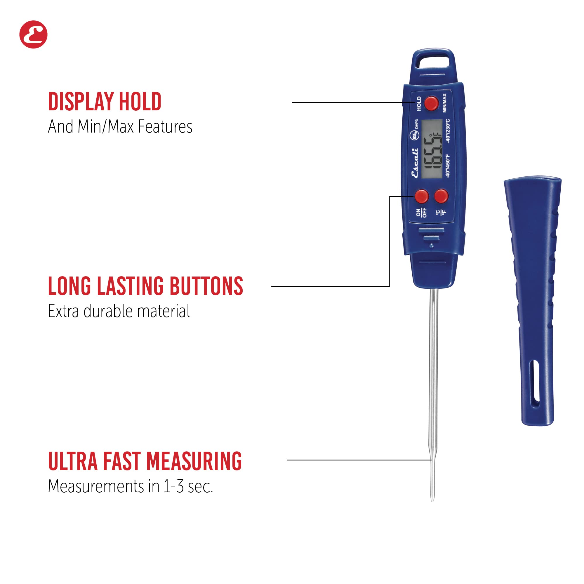 Escali DHP3 Advanced Digital Waterproof Meat Thermometer, Temperature Hold, Protective Sheath Handle IPX7 Protection