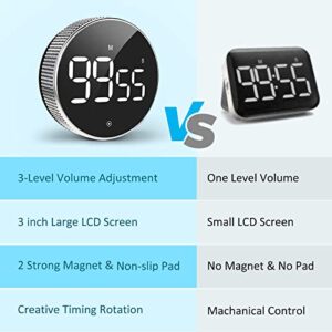 Digital Kitchen Timer Magnetic Countdown with Large LED Display, Silent Classroom Timer for Kids Teachers, 3-Level Volume Round Count Up Timer for Cooking Baking, Easy Operation for Seniors Silver