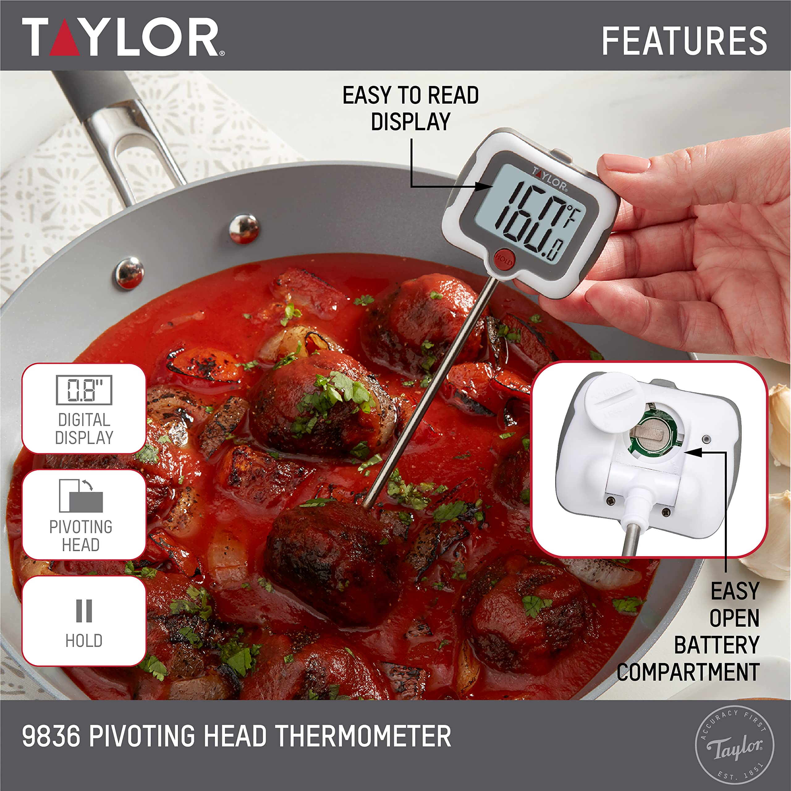 Taylor Pivoting Head Instant Read Digital Meat Food Grill BBQ Cooking Kitchen Thermometer with Protective Sleeve, Gray