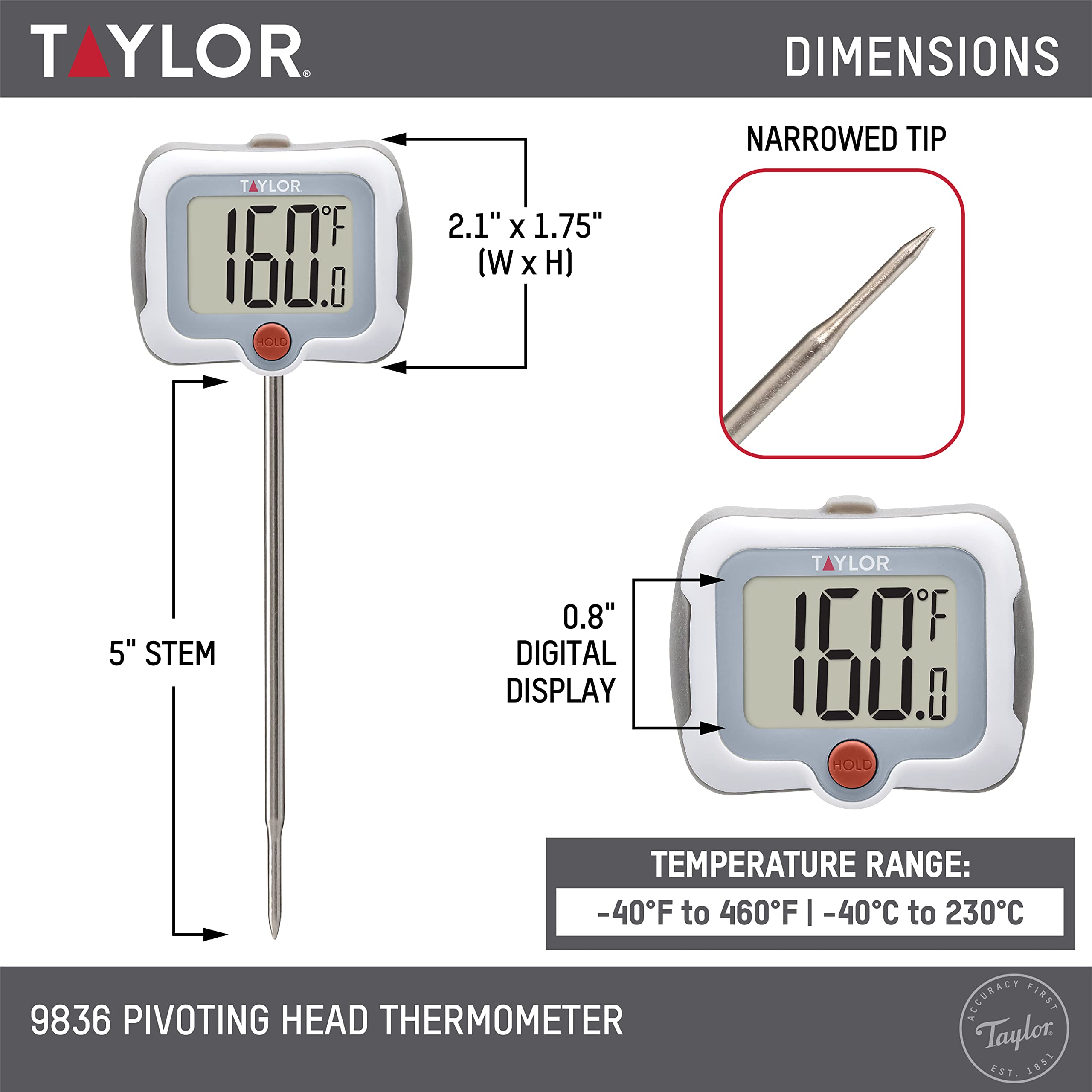 Taylor Pivoting Head Instant Read Digital Meat Food Grill BBQ Cooking Kitchen Thermometer with Protective Sleeve, Gray