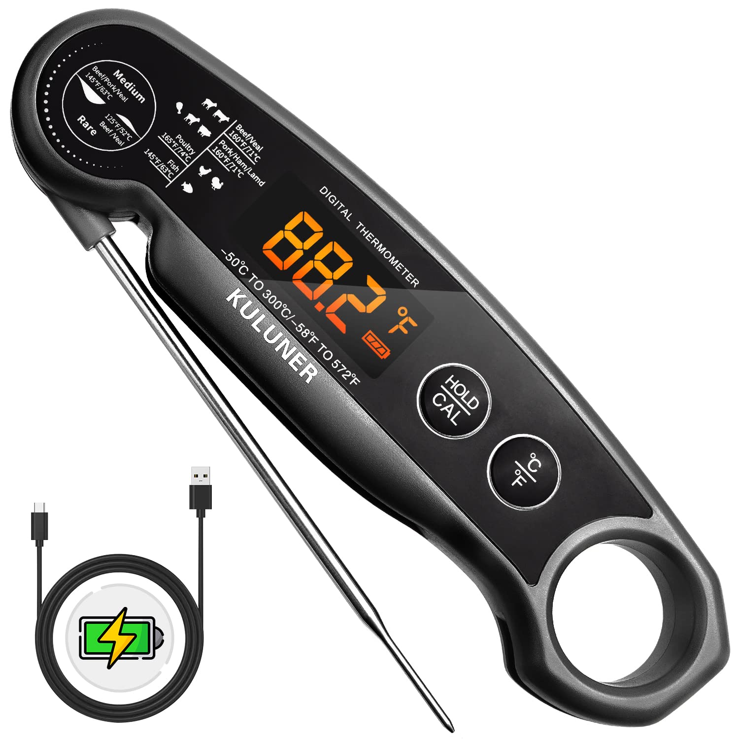 KULUNERs Lightning-Fast 2-Second Meat Thermometer Features a Large Display and Waterproof functionality, Perfect for a Variety of Cooking Methods Including Frying, Smoking, and Grilling (Black)