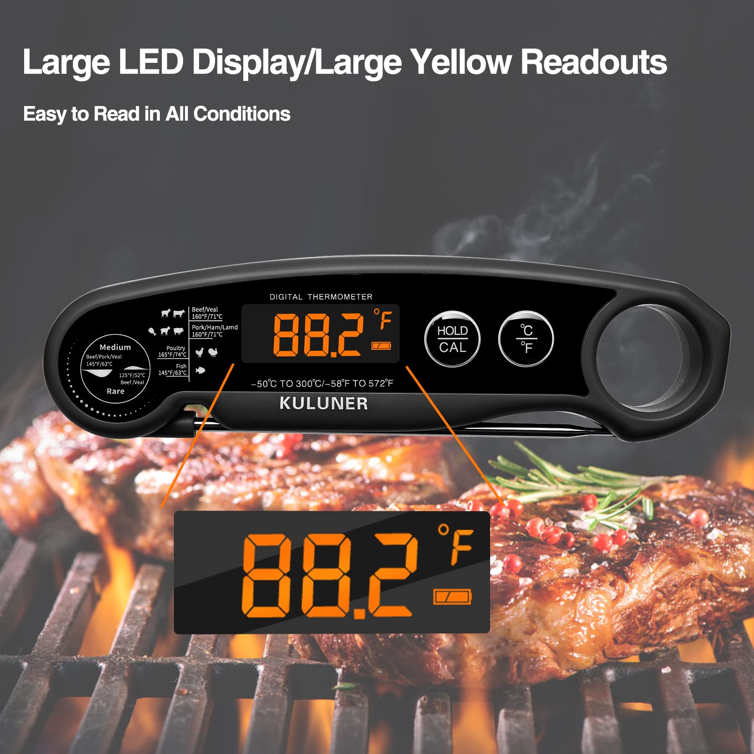 KULUNERs Lightning-Fast 2-Second Meat Thermometer Features a Large Display and Waterproof functionality, Perfect for a Variety of Cooking Methods Including Frying, Smoking, and Grilling (Black)