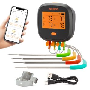 inkbird wifi grill thermometer, wireless bbq thermometer for grilling roasting cooking smart digital remote meat thermometer with graph alarm timer 4 probes rechargeable