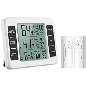 keekit refrigerator thermometer, indoor outdoor thermometer with 2 sensors, wireless digital freezer thermometer with audible alarm temperature gauge, min/max record for home, kitchen – white