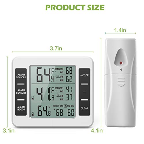 KeeKit Refrigerator Thermometer, Indoor Outdoor Thermometer with 2 Sensors, Wireless Digital Freezer Thermometer with Audible Alarm Temperature Gauge, Min/Max Record for Home, Kitchen – White