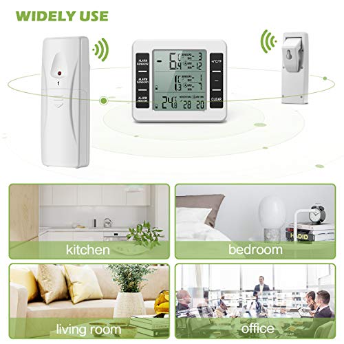 KeeKit Refrigerator Thermometer, Indoor Outdoor Thermometer with 2 Sensors, Wireless Digital Freezer Thermometer with Audible Alarm Temperature Gauge, Min/Max Record for Home, Kitchen – White