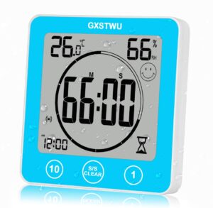 gxstwu digital timer shower clock waterproof【waterproof for water spray】 with alarm, bathroom kitchen wall clock, touch screen timer, thermometer hygrometer suction cup hanging hole stand magnet blue