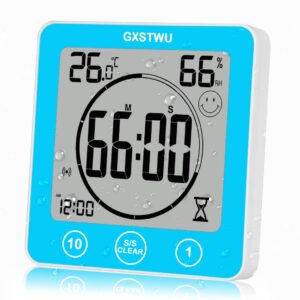 GXSTWU Digital Timer Shower Clock Waterproof【Waterproof for Water Spray】 with Alarm, Bathroom Kitchen Wall Clock, Touch Screen Timer, Thermometer Hygrometer Suction Cup Hanging Hole Stand Magnet Blue