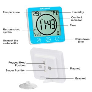 GXSTWU Digital Timer Shower Clock Waterproof【Waterproof for Water Spray】 with Alarm, Bathroom Kitchen Wall Clock, Touch Screen Timer, Thermometer Hygrometer Suction Cup Hanging Hole Stand Magnet Blue