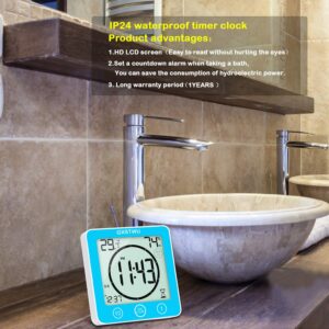 GXSTWU Digital Timer Shower Clock Waterproof【Waterproof for Water Spray】 with Alarm, Bathroom Kitchen Wall Clock, Touch Screen Timer, Thermometer Hygrometer Suction Cup Hanging Hole Stand Magnet Blue