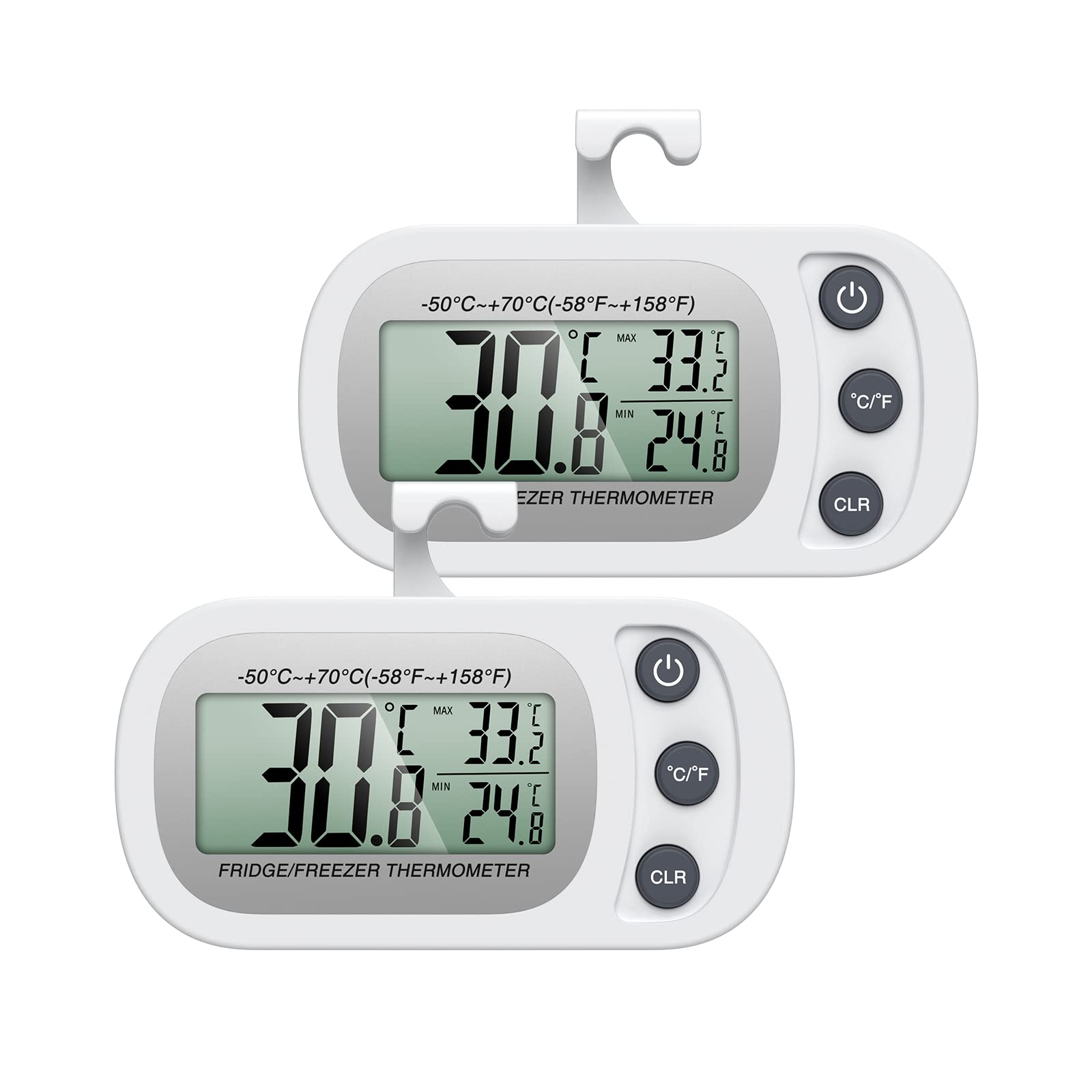 AMIR Fridge Thermometer Digital, Newest Refrigerator Thermometer 2 Pack, Mini Freezer Thermometer with Hook, LCD Display, ℃/℉ Switch + Max/Min Record, for Kitchen, Home, Restaurants