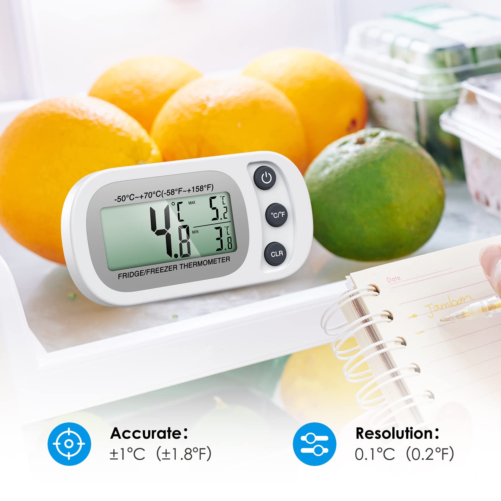 AMIR Fridge Thermometer Digital, Newest Refrigerator Thermometer 2 Pack, Mini Freezer Thermometer with Hook, LCD Display, ℃/℉ Switch + Max/Min Record, for Kitchen, Home, Restaurants