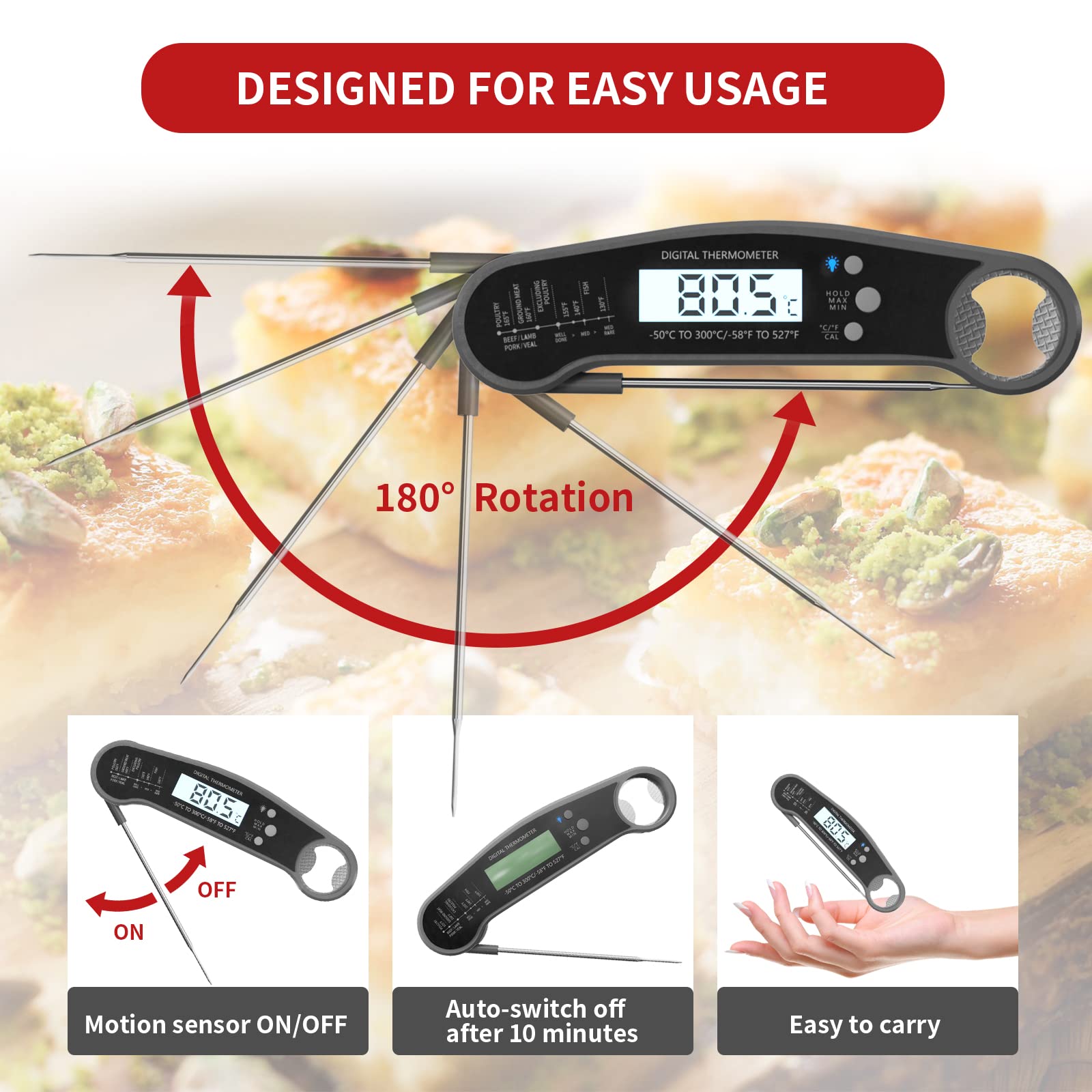 LPONJAR Digital Meat Thermometer, Instant Read Food Thermometer for Grilling, BBQ, Cooking, Baking, Liquids - Foldable Probe, Bottle Opener, IP67 Waterproof, Backlight, Magnet, and Calibration