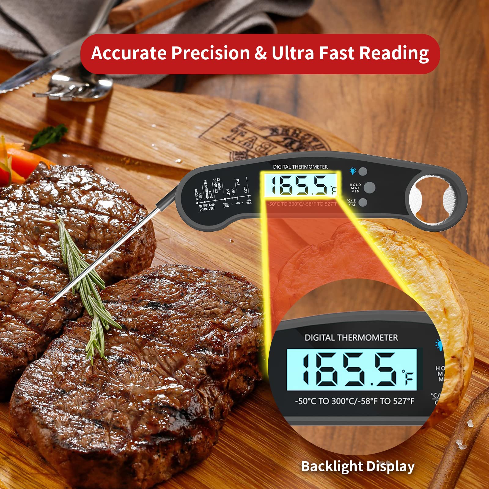 LPONJAR Digital Meat Thermometer, Instant Read Food Thermometer for Grilling, BBQ, Cooking, Baking, Liquids - Foldable Probe, Bottle Opener, IP67 Waterproof, Backlight, Magnet, and Calibration