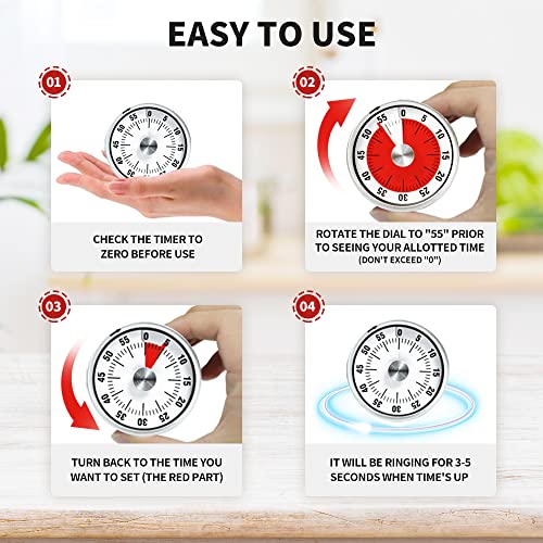 Mechanical 60-Minute Kitchen Timer with Stainless Steel Face and Magnetic Back, Visual Timer for Kids, Toddlers, Teachers, Time Management Tool for Study, Cooking, Baking