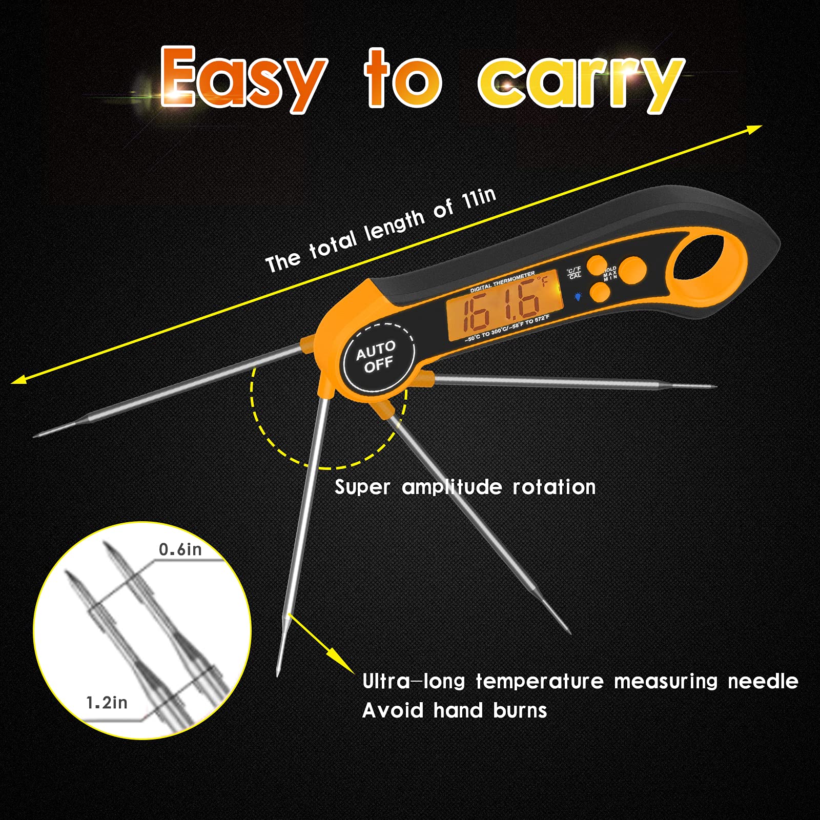 Food Meat Thermometer - Instant Read Thermapen Probe For Kitchen Cooking Oil Deep Grilling Turkey Candy BBQ Accessories Healthy Eating Temperature Pen Thermogrill Pro - With Digital LCD Screen(Orange)