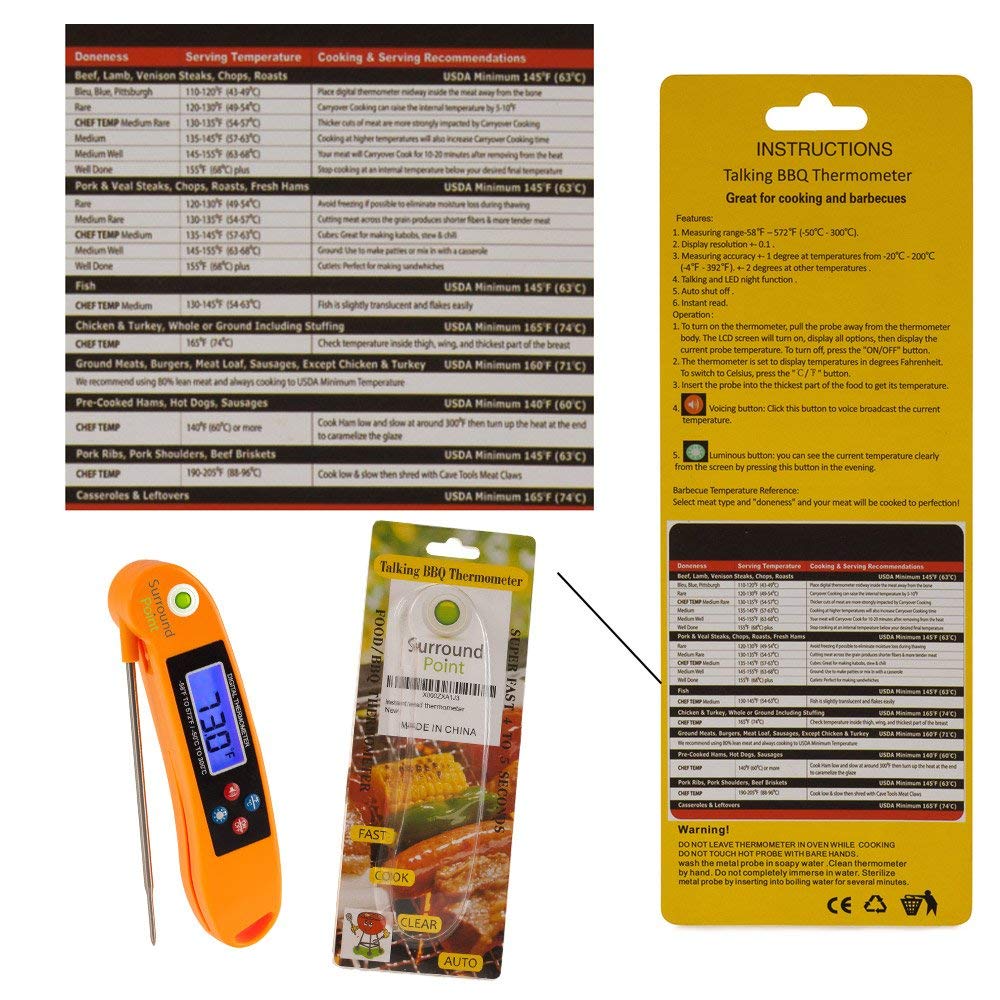 Digital Thermometer Talking Instant Read- Electronic BBQ- Great for Barbecue, Baking, Grilling, Cooking, All Food & Meat, Liquids- Collapsible Internal long Probe (Orange) By Surround Point