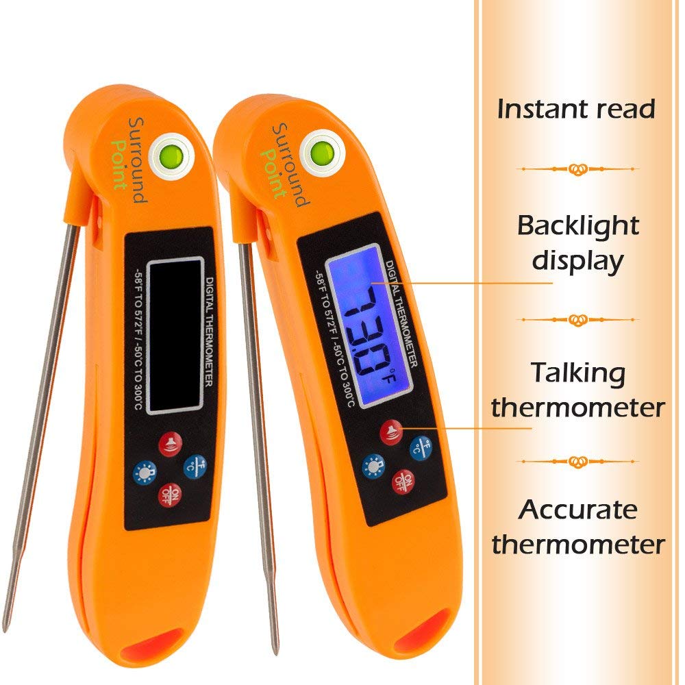 Digital Thermometer Talking Instant Read- Electronic BBQ- Great for Barbecue, Baking, Grilling, Cooking, All Food & Meat, Liquids- Collapsible Internal long Probe (Orange) By Surround Point