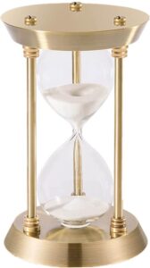 sand timer 5 minute hourglass,5.1 inch small sand clock, antique brass sand watch 5 min, vintage reloj de arena 5 minuto,metal unique decorative hour glass sandglass for kitchen home office game gifts