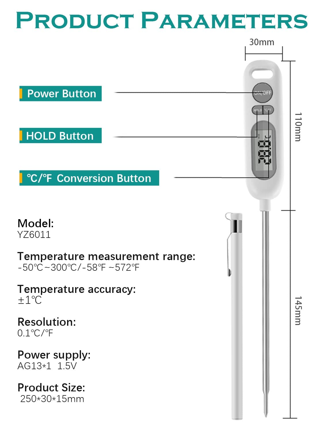 Meat Thermometer, Waterproof Food Thermometer, Instant Read Digital Cooking Thermometer for Kitchen Cooking BBQ Sugar Jam Water Meat Milk