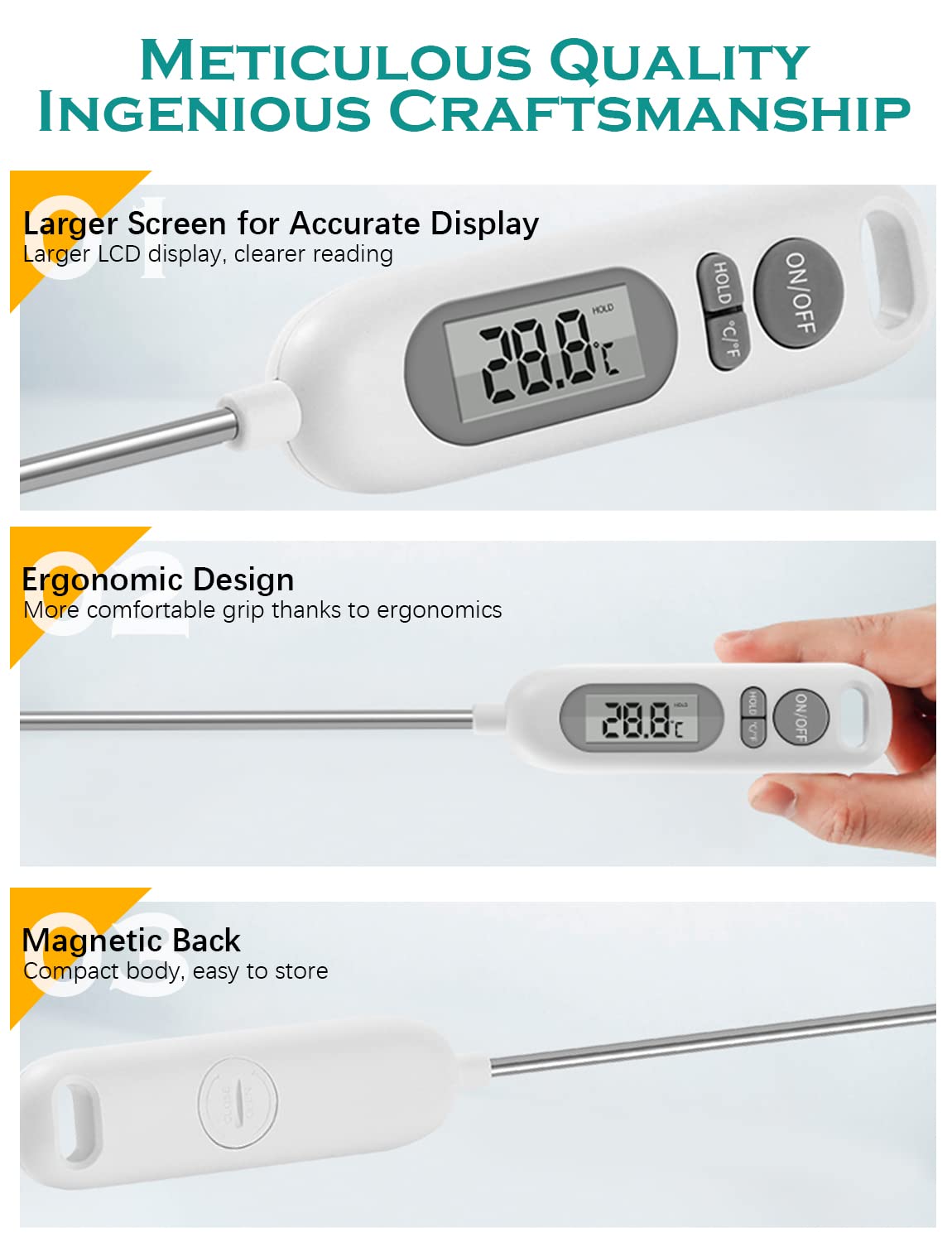 Meat Thermometer, Waterproof Food Thermometer, Instant Read Digital Cooking Thermometer for Kitchen Cooking BBQ Sugar Jam Water Meat Milk